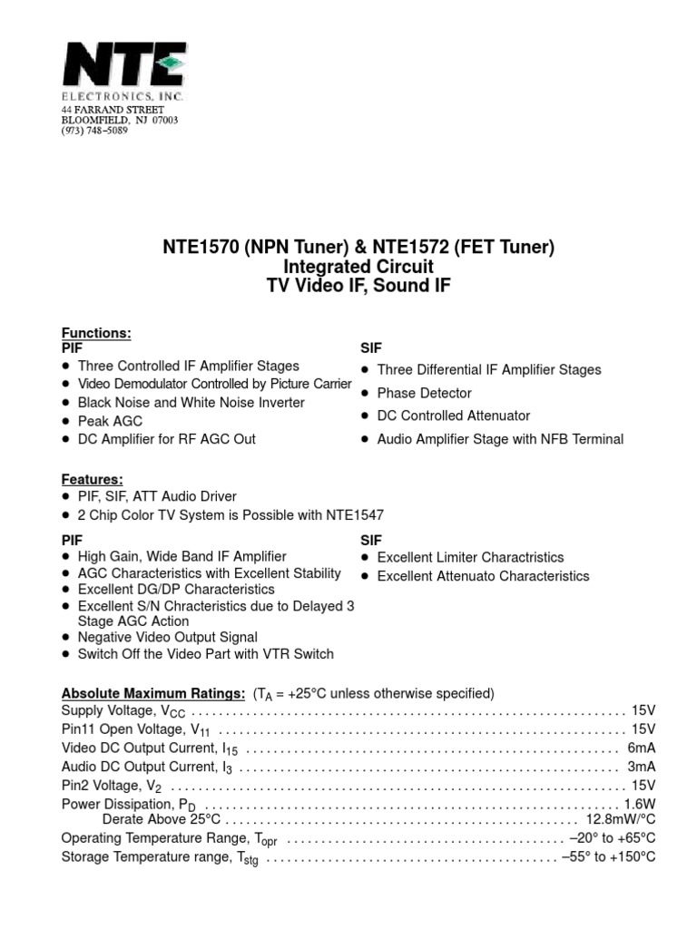 NTE1570 (NPN Tuner) & NTE1572 (FET Tuner) Integrated Circuit TV Video IF, Sound IF | PDF ...