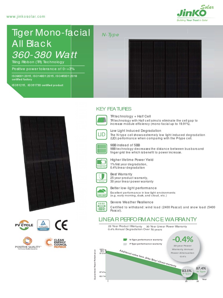 Tiger Mono-Facial All Black: 360-380 Watt | PDF | Energy Conversion ...