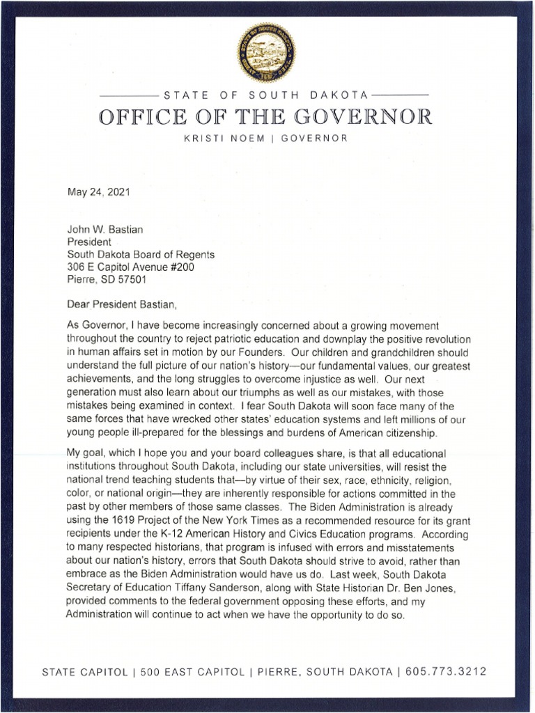 Gov. Noem Civics Letter To SDBOR | PDF