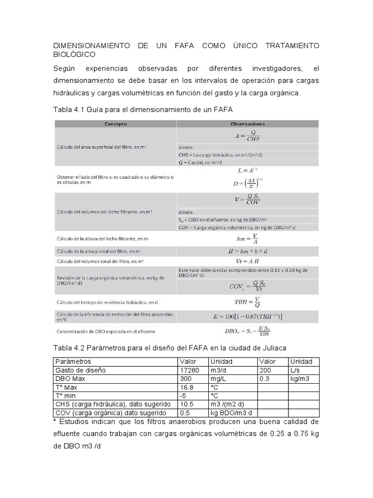 Dimensionamiento de Un FAFA Como Único Tratamiento Biológico ...
