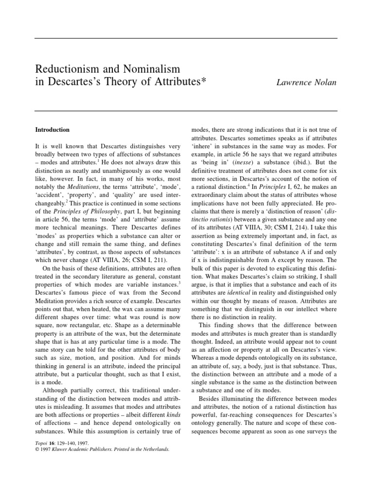 Reductionism and Nominalism in Descartes’s Theory of Attributes: How ...