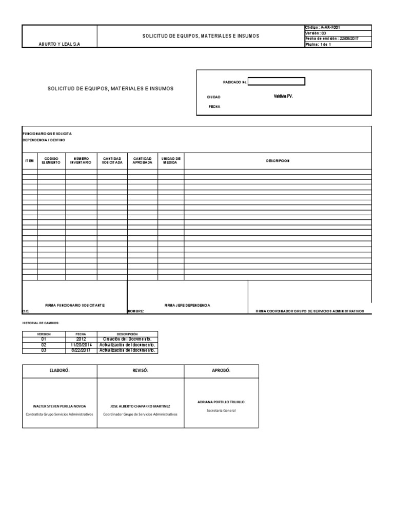 A-AR-F001 FORMATO SOLICITUD DE EQUIPOS, MATERIALES E INSUMOS v3 | PDF ...
