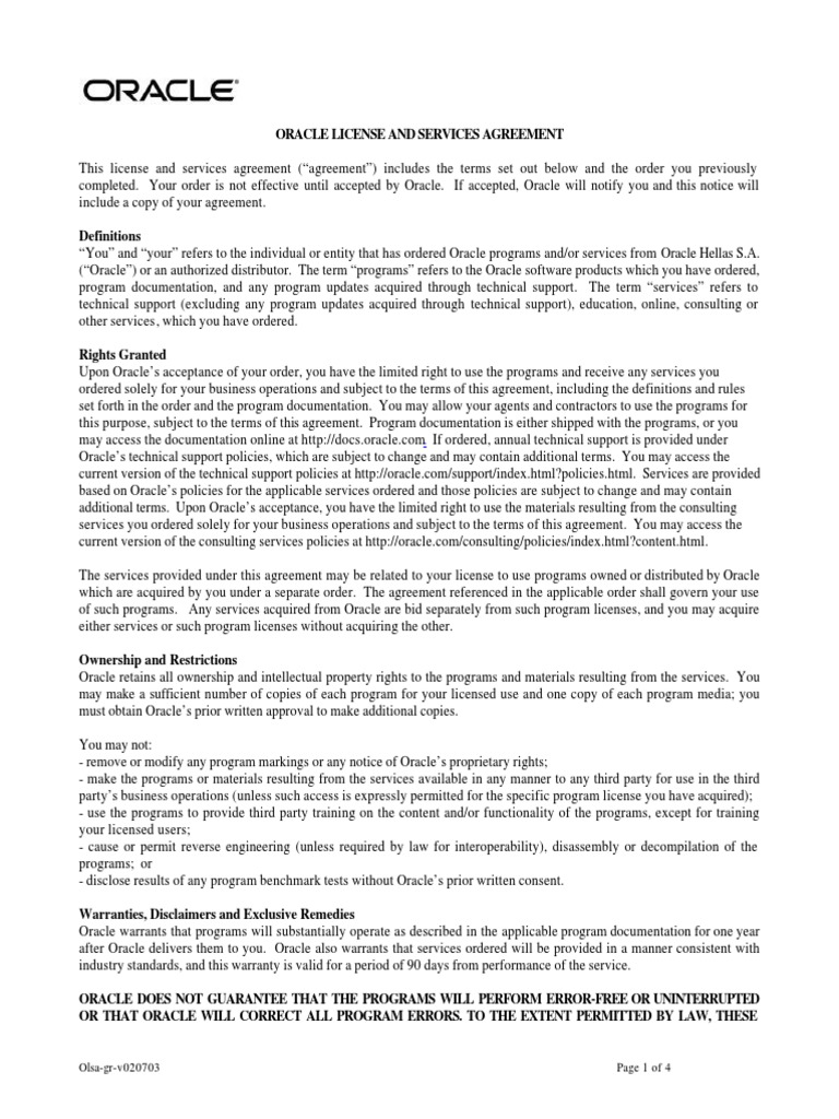 Oracle License and Services Agreement: Terms for Software Licensing ...