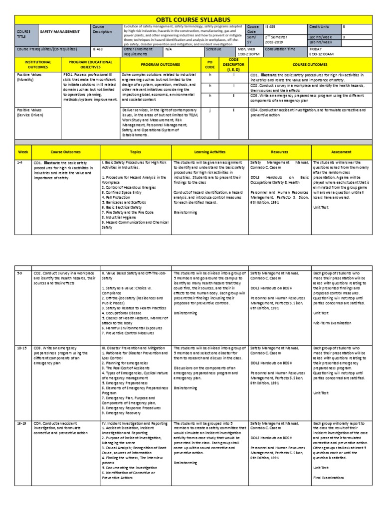 Obtl Course Syllabus (Safety MGT) | PDF