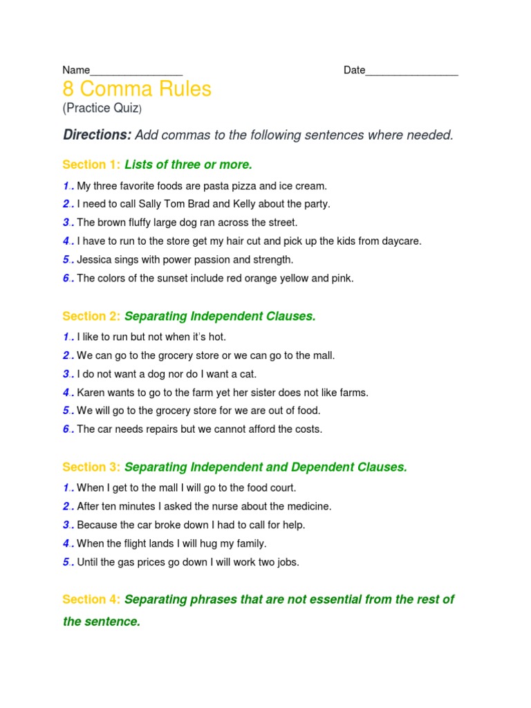 8 Comma Rules - Practice Quiz PDF | Download Free PDF | Foods