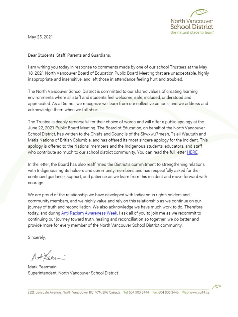 Letter From Superintendent To NVSD Community | PDF