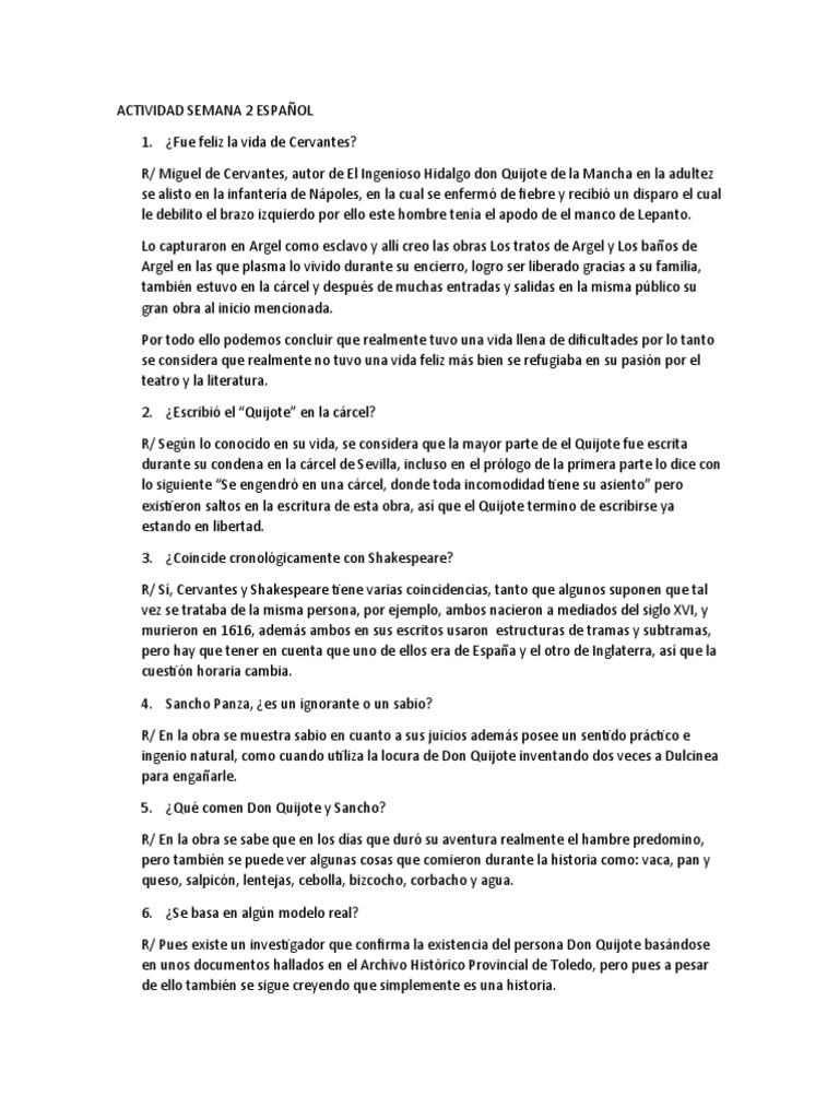 Actividad Semana 2 Español | PDF | Miguel De Cervantes | Don Quijote