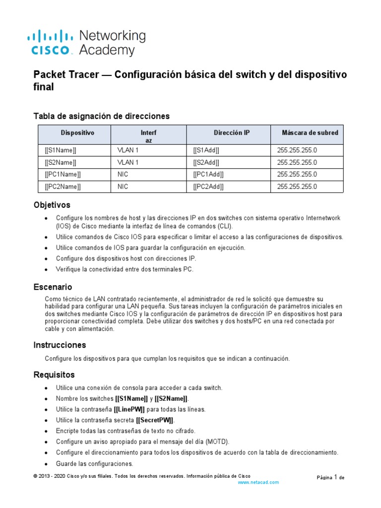 Packet Tracer - Configuración Básica Del Switch y Del Dispositivo Final | Descargar gratis PDF ...