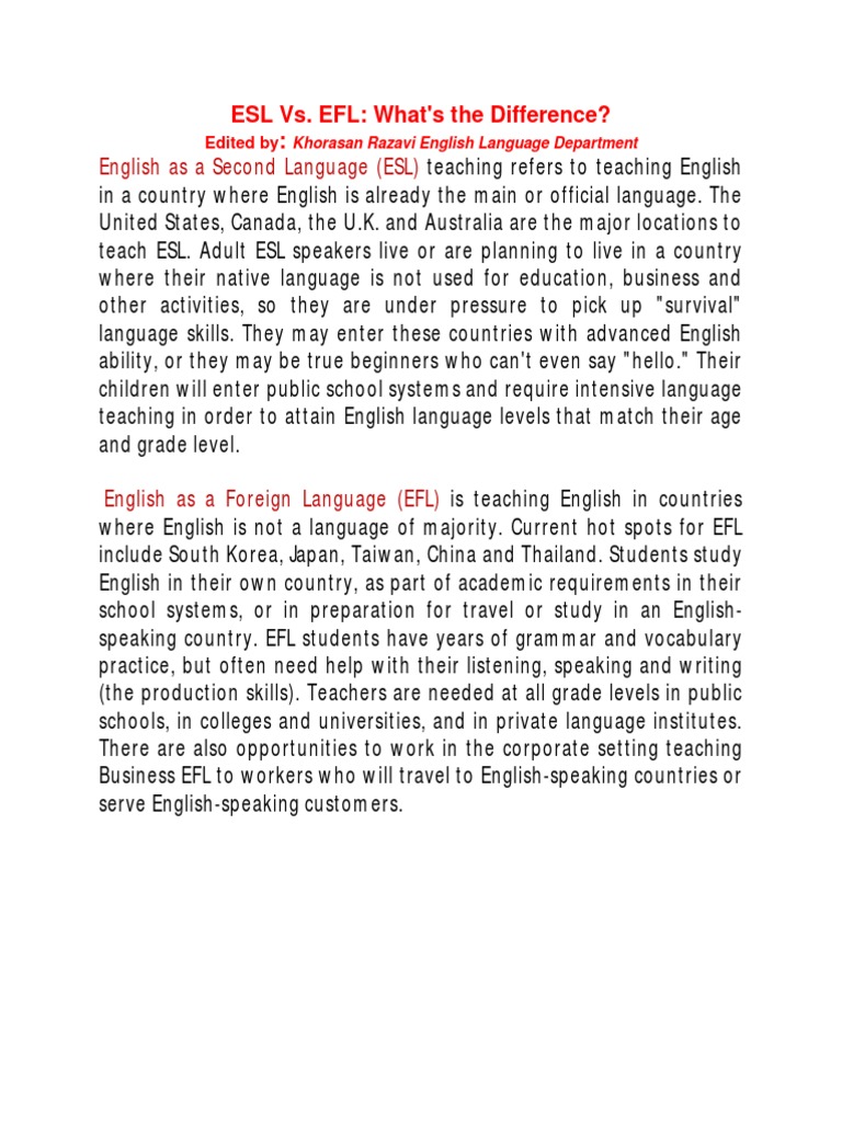 ESL vs. EFL: Key Differences Explained | PDF