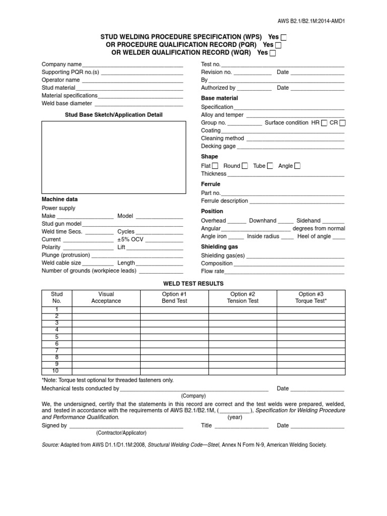 B2.1 B2.1M 2014 AMD1 Stud Welding WPS PQR or WQR Form | PDF | Welding ...