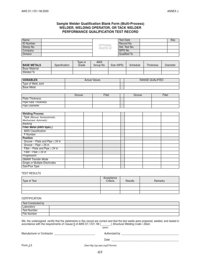 Sample Welder Qualification Blank Form (Multi-Process) Welder, Welding ...