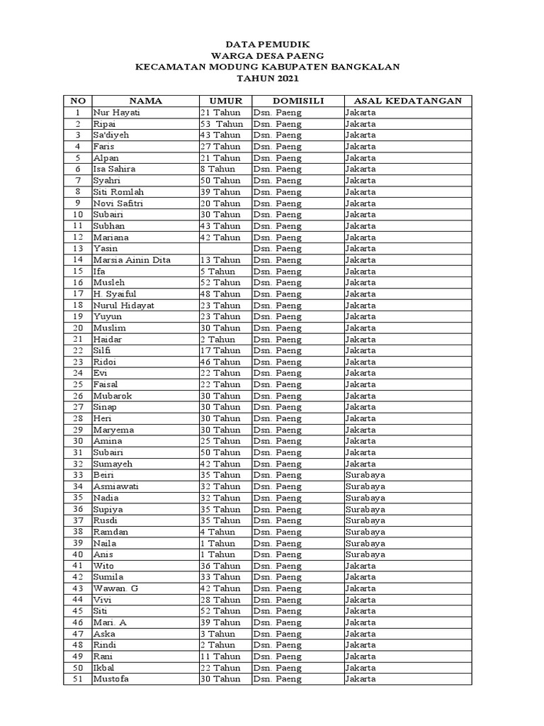 Data Pemudik 2021 | PDF