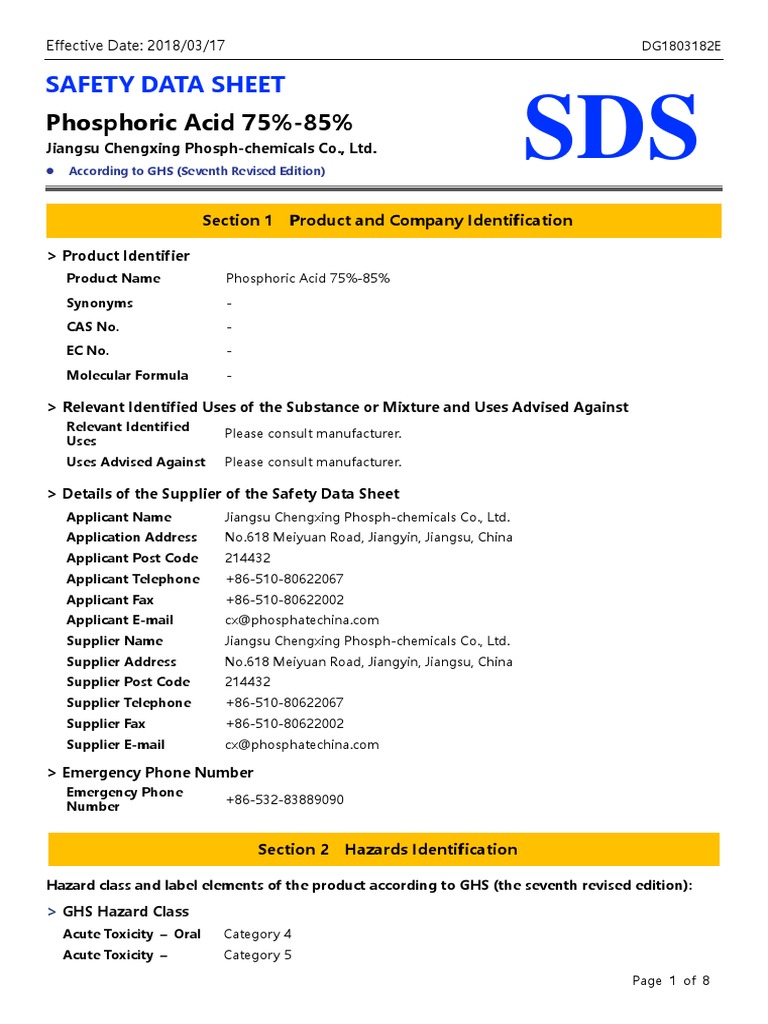 Phosphoric Acid 75%-85%: Safety Data Sheet | PDF | Toxicity | Breathing