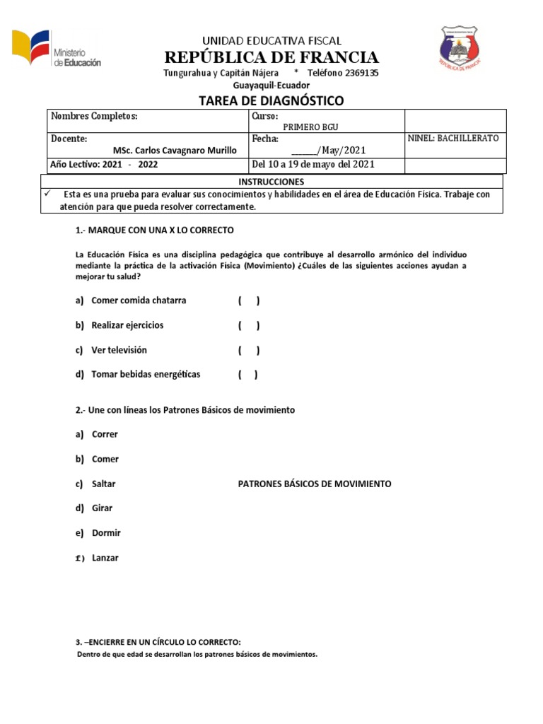 1ERO - BGU Prueba de Diagnostico EEFF | PDF | La naturaleza humana | Bienestar