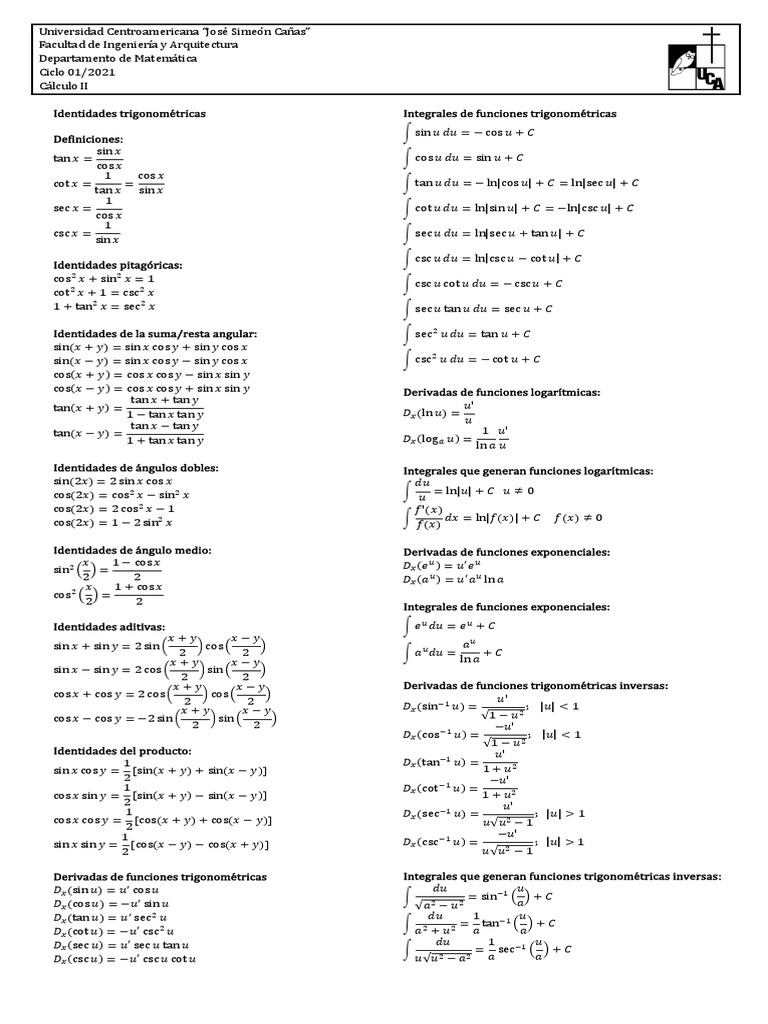 Resumen de Fórmulas - Cálculo II | PDF | Integral | Física teórica