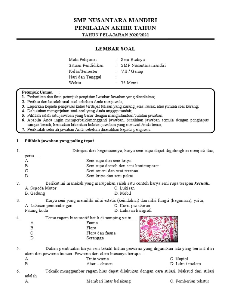 Soal Seni Budaya Kelas VII | PDF