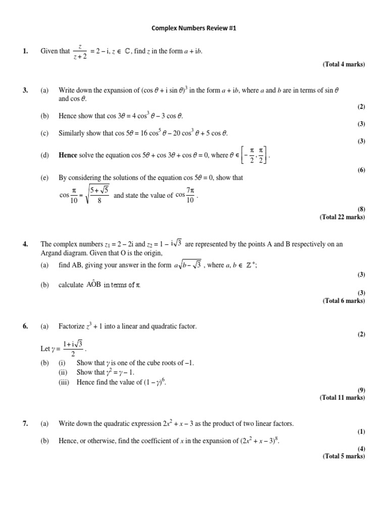Complex Numbers Review #1 | PDF | Quadratic Equation | Trigonometric ...