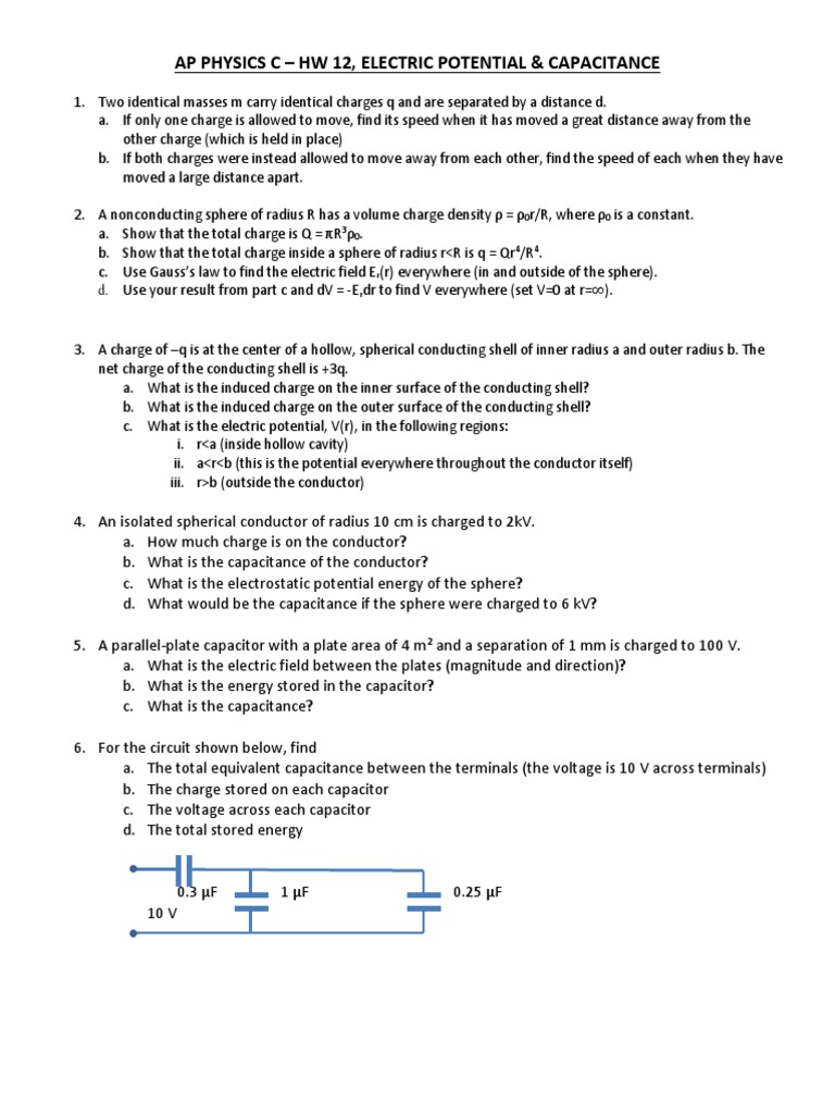 AP Physics C - 2021 HW 12 Potential & Capacitance | PDF | Capacitance ...