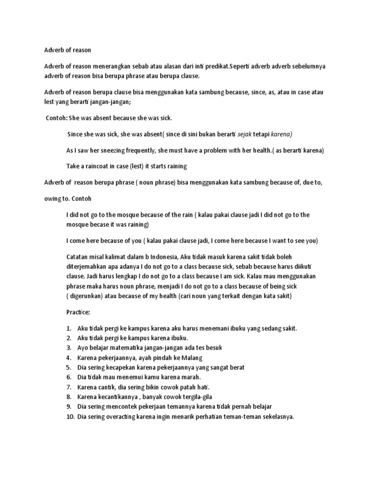 Contoh Adverb of Reason dan Penggunaannya | PDF | Seni & Disiplin Bahasa