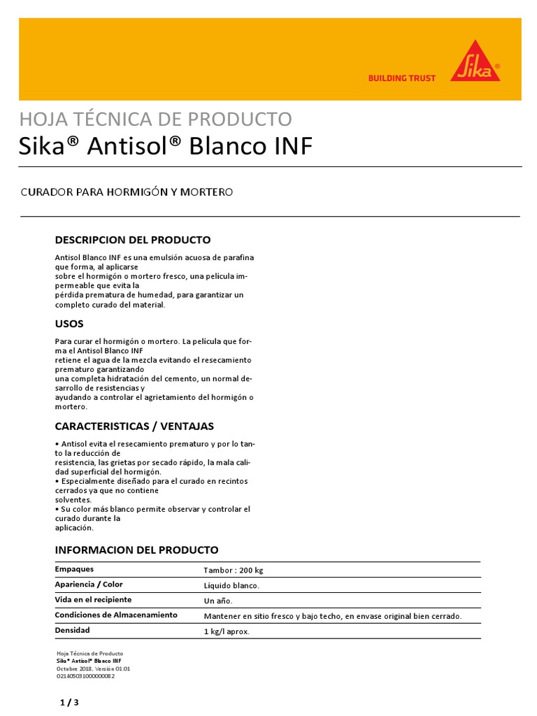 Sika Antisol Blancoinf | PDF | Hormigón | Agua