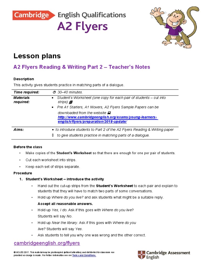 A2 Flyers 2018 Reading and Writing Part 2 | PDF | Worksheet | Question