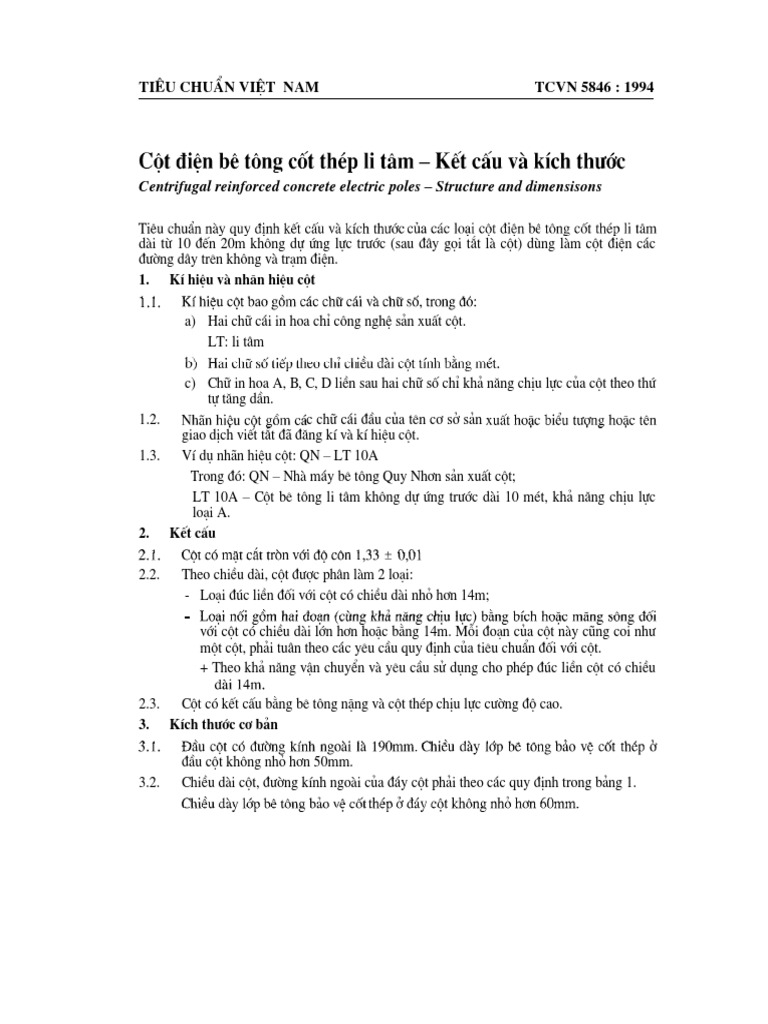 TCVN 5846 1994 Cot Dien Be Tong Cot Thep Li Tam - Ket Cau Va | PDF