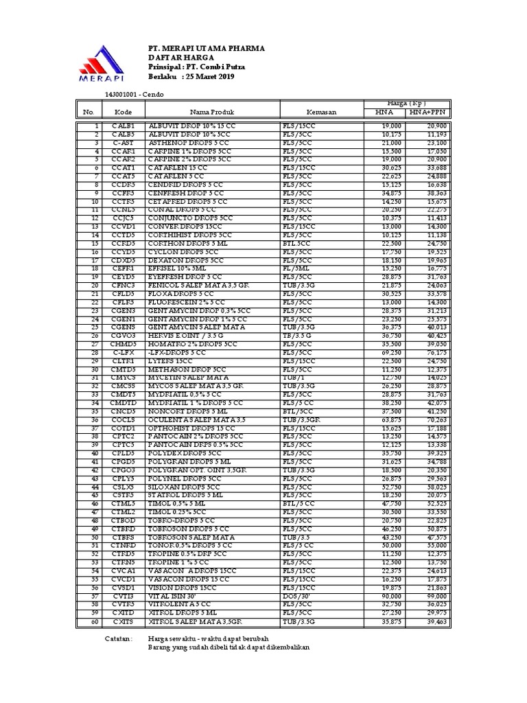 Pt. Merapi Utama Pharma Daftar Harga Prinsipal: PT. Combi Putra Berlaku ...