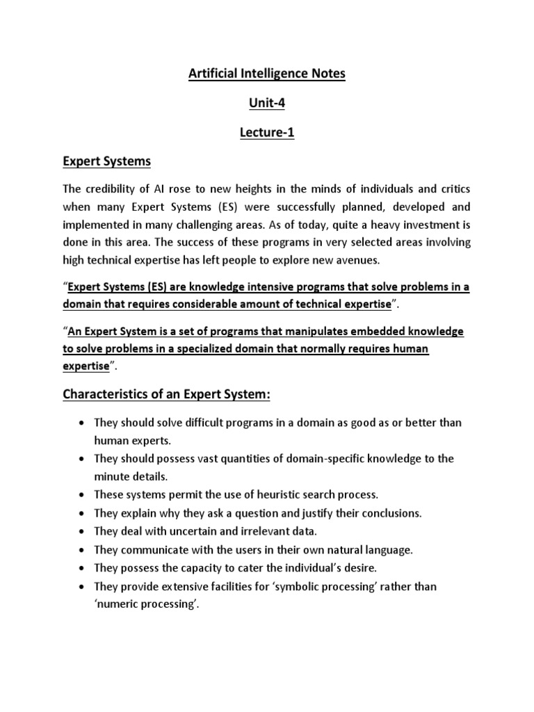 Artificial Intelligence Notes Unit-4 Lecture-1 Expert Systems | PDF ...