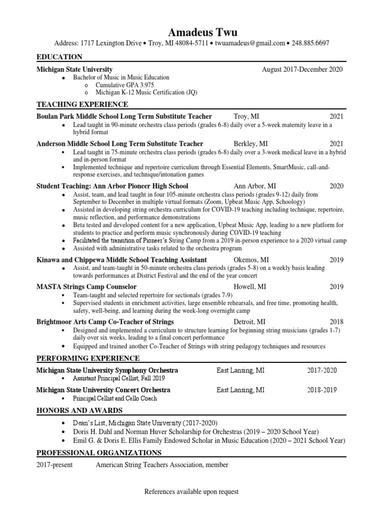Twu Resume May2021 | PDF | Orchestras | Cello