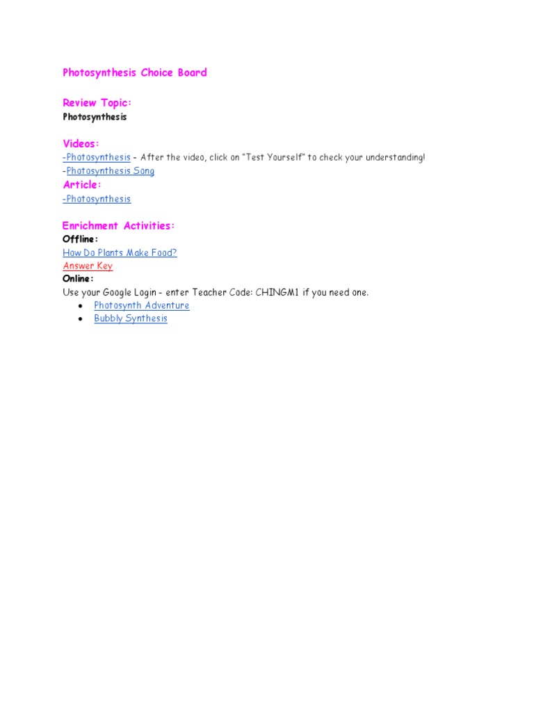 Photosynthesis Choice Board Activities | PDF | Self-Improvement