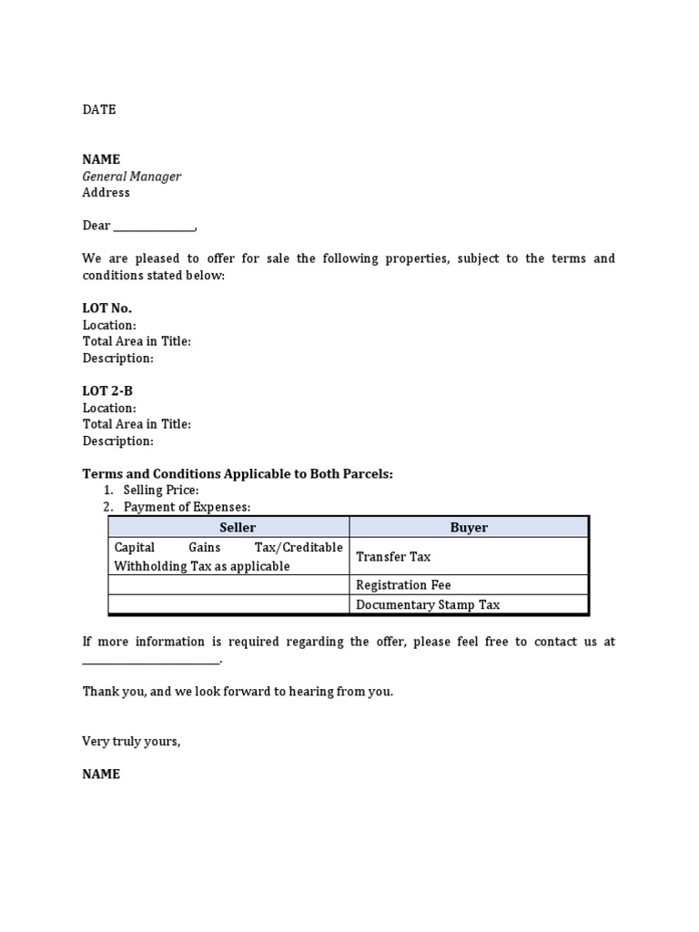 Offer to Sell Property Template | PDF | Finance & Money Management | Law