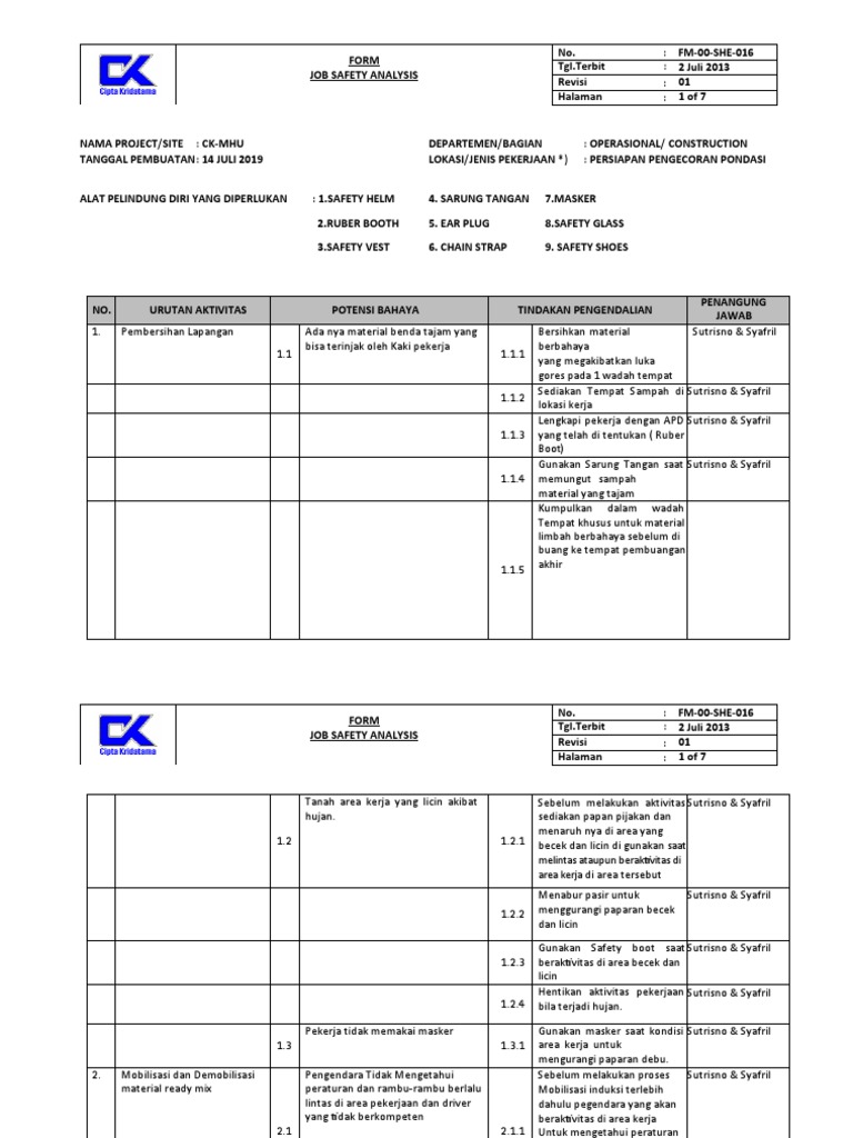 1.jsa CK Mhu - Pembuatan Persiapan Pondasi | PDF