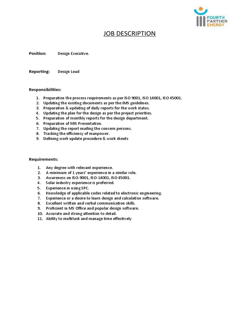 Job Description: Position | PDF | Design | Iso 9000