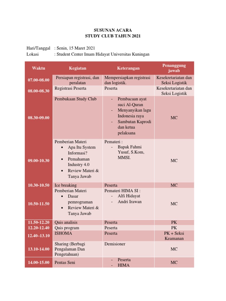 Rundown Acara Study Club 2021 | PDF