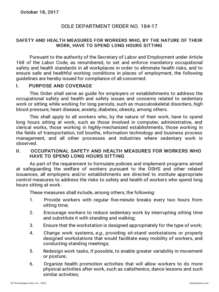 Dole Department Order No. 184-17: October 18, 2017 October 18, 2017 ...