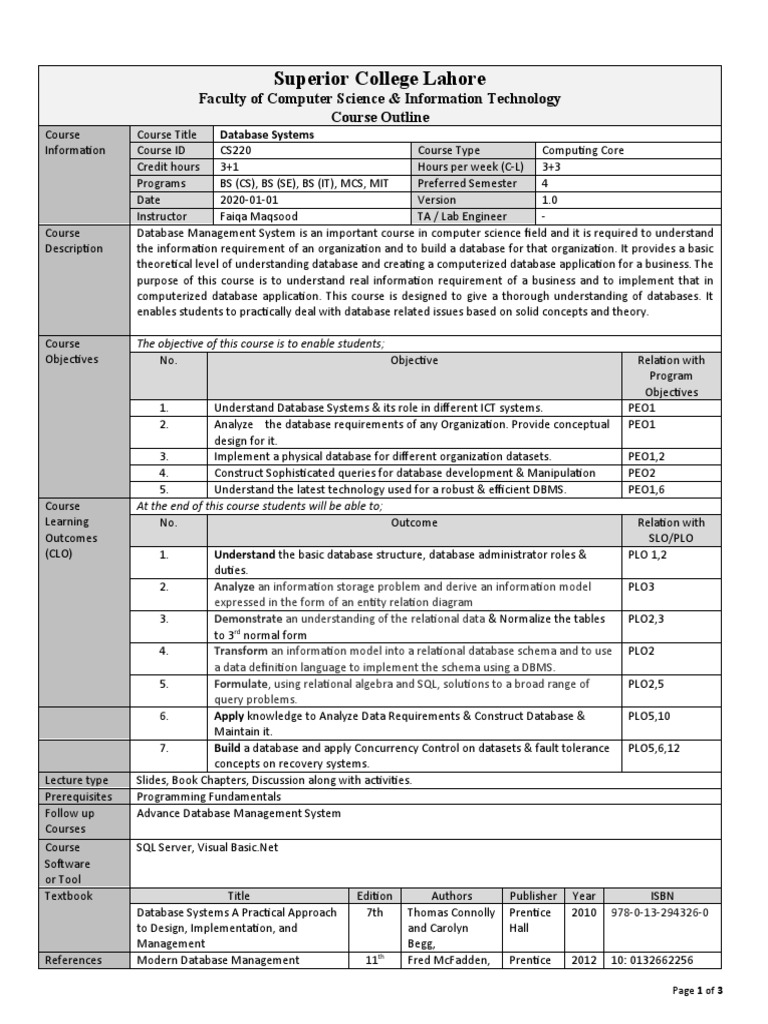 Course Outline - Database Systems | PDF | Relational Model | Databases