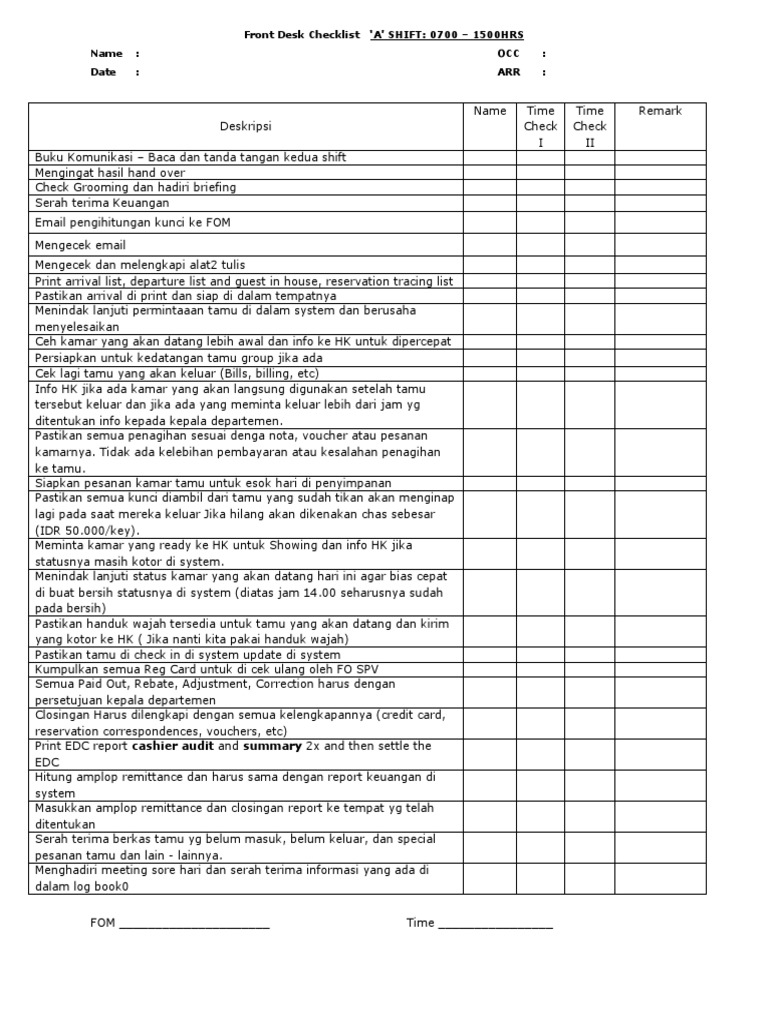 Front Desk Checklist A Indonesia | PDF