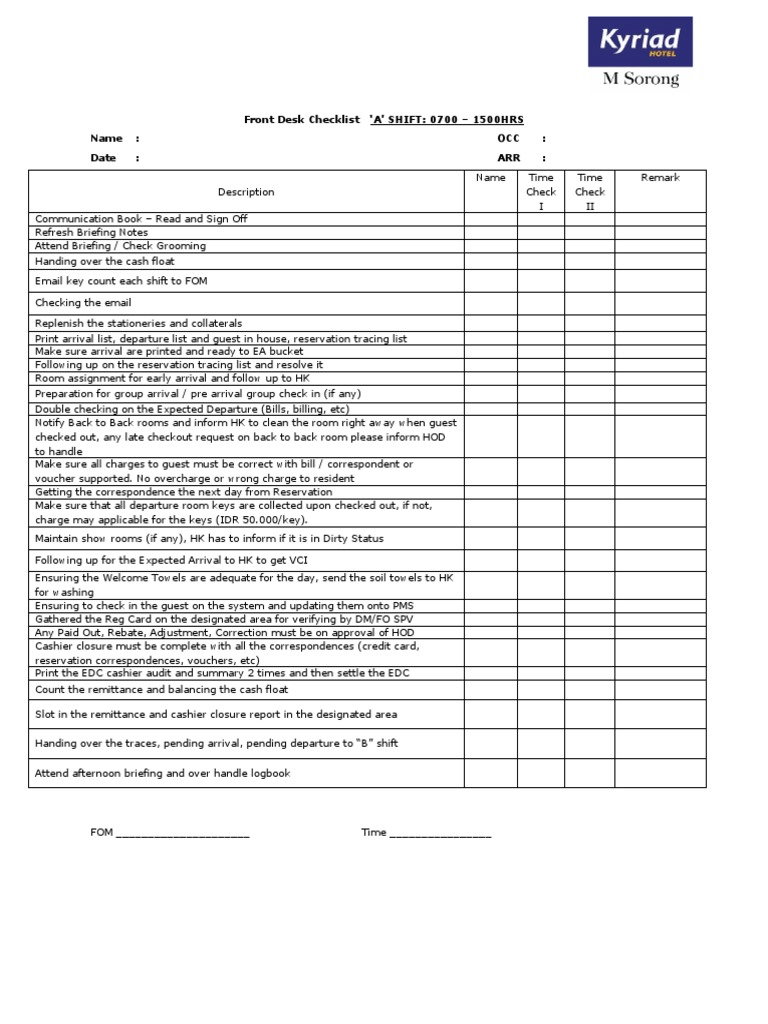 Front Desk Checklist A' SHIFT: 0700 - 1500HRS Name: OCC: Date: ARR ...
