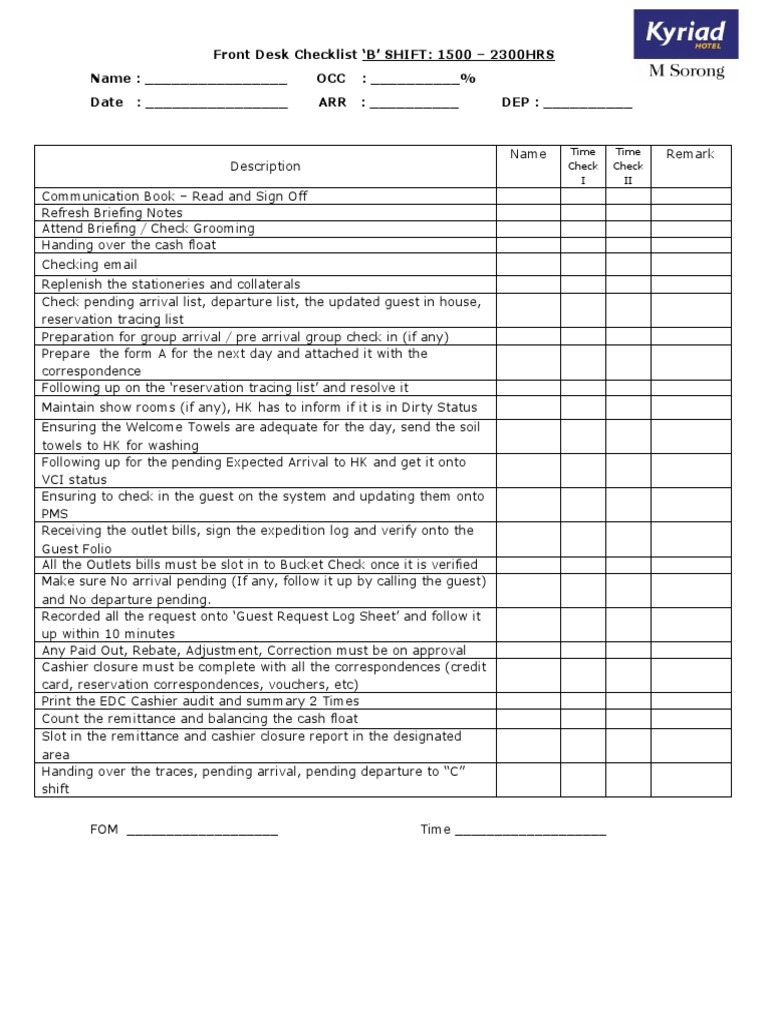 Front Desk PM Shift Checklist | PDF