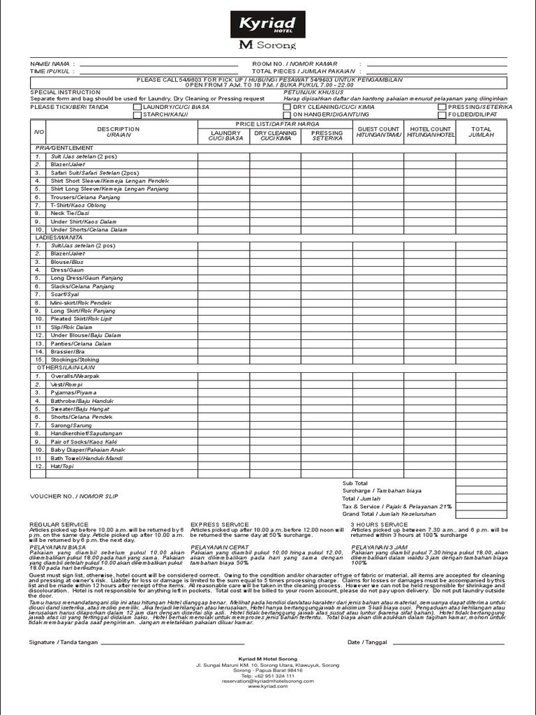 Laundry Dry Cleaning Pressing Form (Size 21,5cm X 35,5cm) | PDF