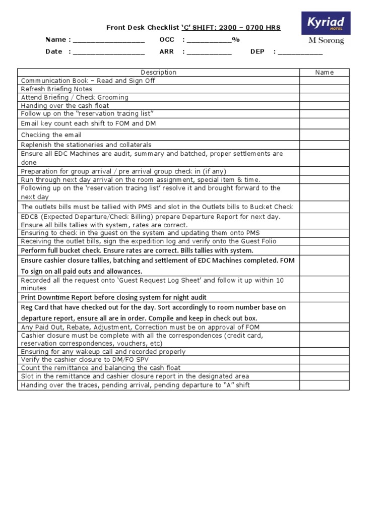 Front Desk Checklist C' SHIFT: 2300 - 0700 HRS Name: - OCC: - % Date ...