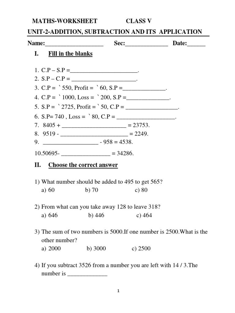 CBSE Class 5 Mathematics Worksheet - Addition Subtraction | PDF | Business