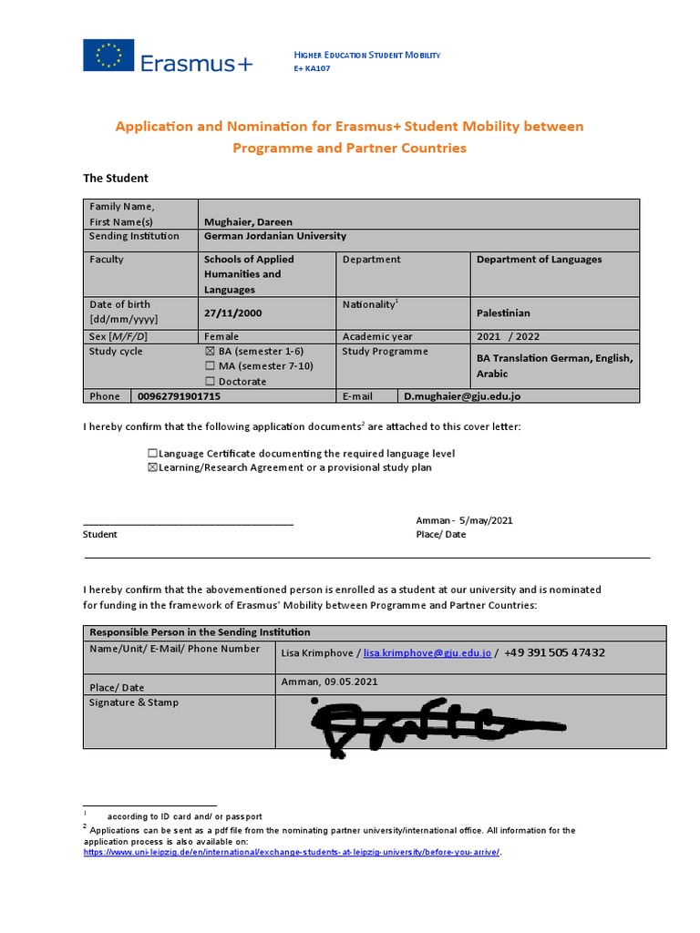 Erasmus+ Mobility Application for Students | PDF | Business