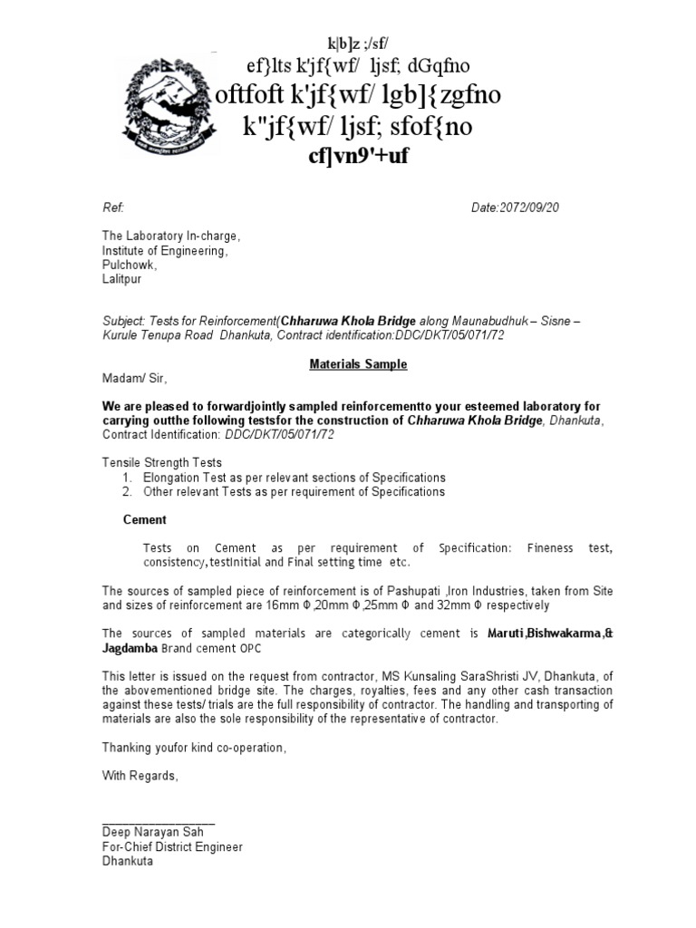 Materials Testing Request for Reinforcement and Cement Samples from ...