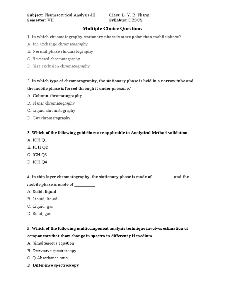 Pharm Analysis III Sem 7 CBCS Practise MCQs | PDF | Chromatography ...
