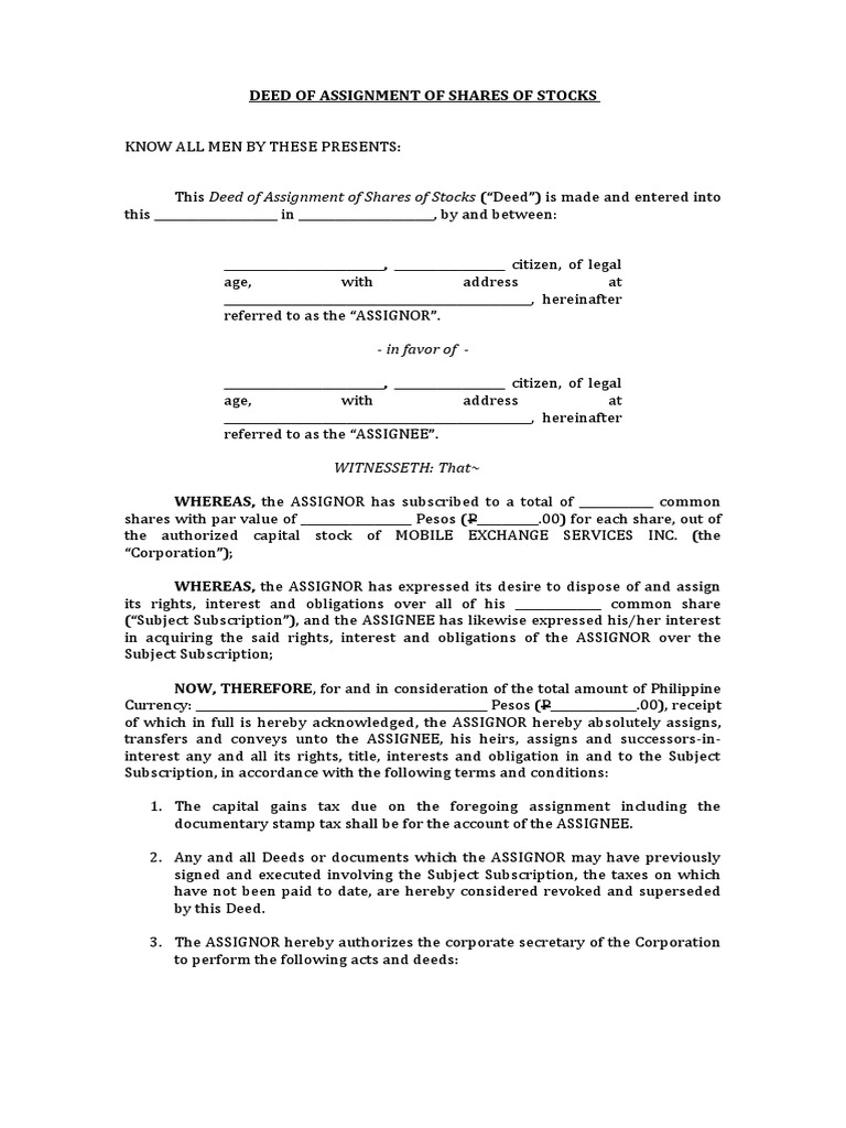 Deed of Assignment - Template | PDF | Assignment (Law) | Stocks