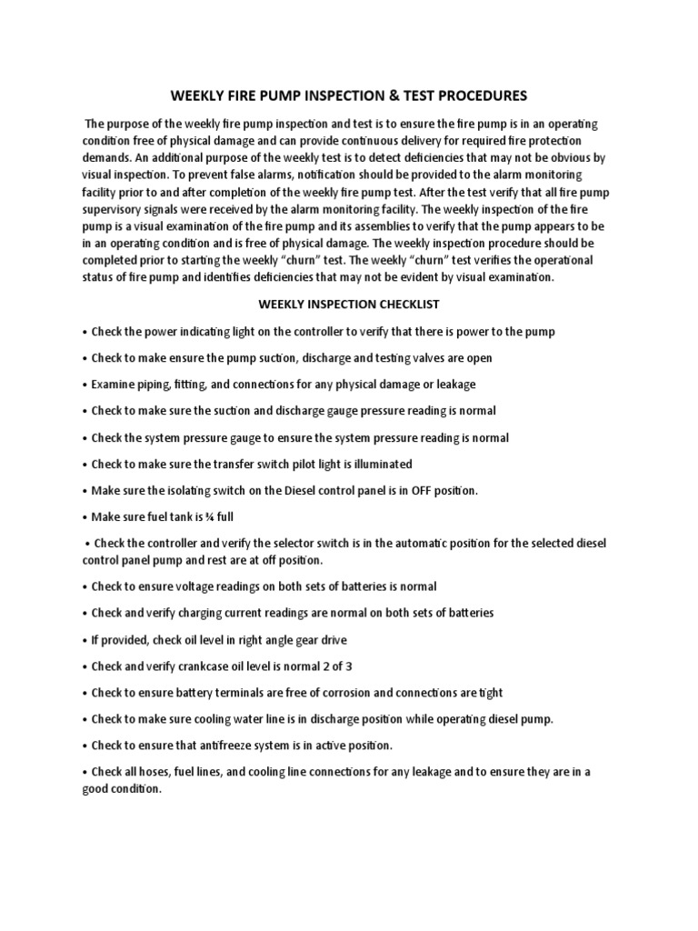 Weekly Fire Pump Inspection & Test Procedures | PDF | Pump | Valve