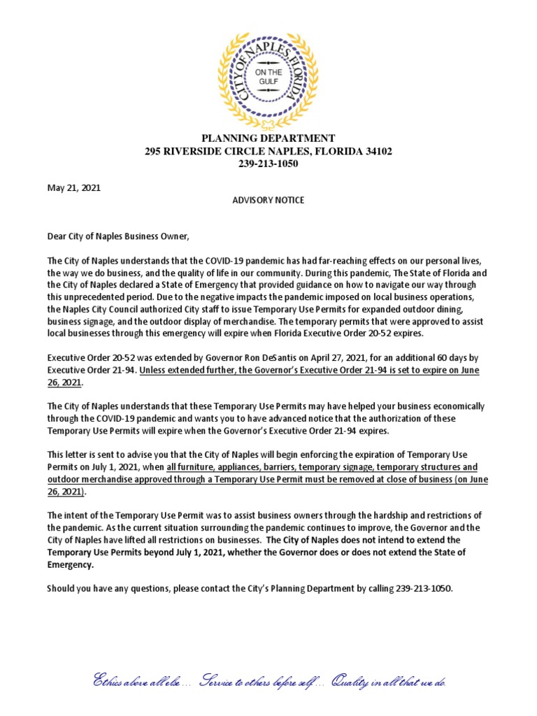 DRAFT: Naples Temporary Use Permit Expiration Letter | PDF | Government ...