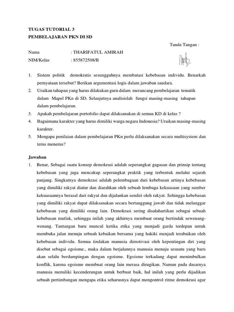 TT 3 Pembelajaran PKN Di SD - Tharifatul Amirah855872508 - Kelas B | PDF | Karier & Perkembangan