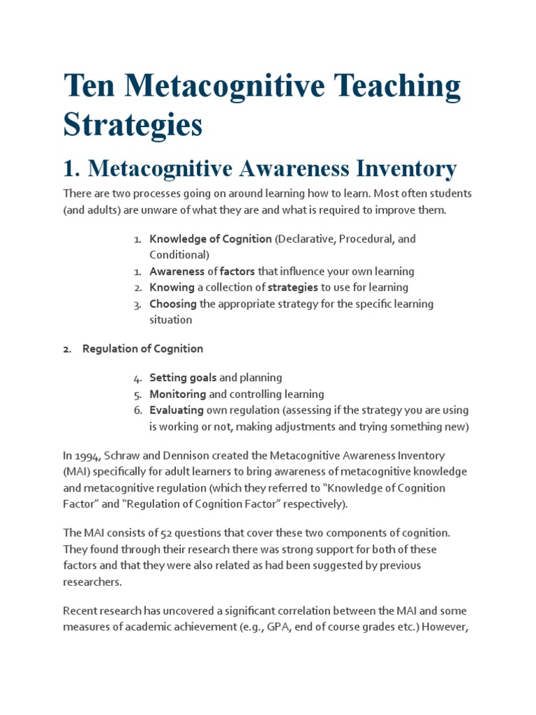 Ten Metacognitive Teaching Strategies | PDF | Metacognition | Test ...